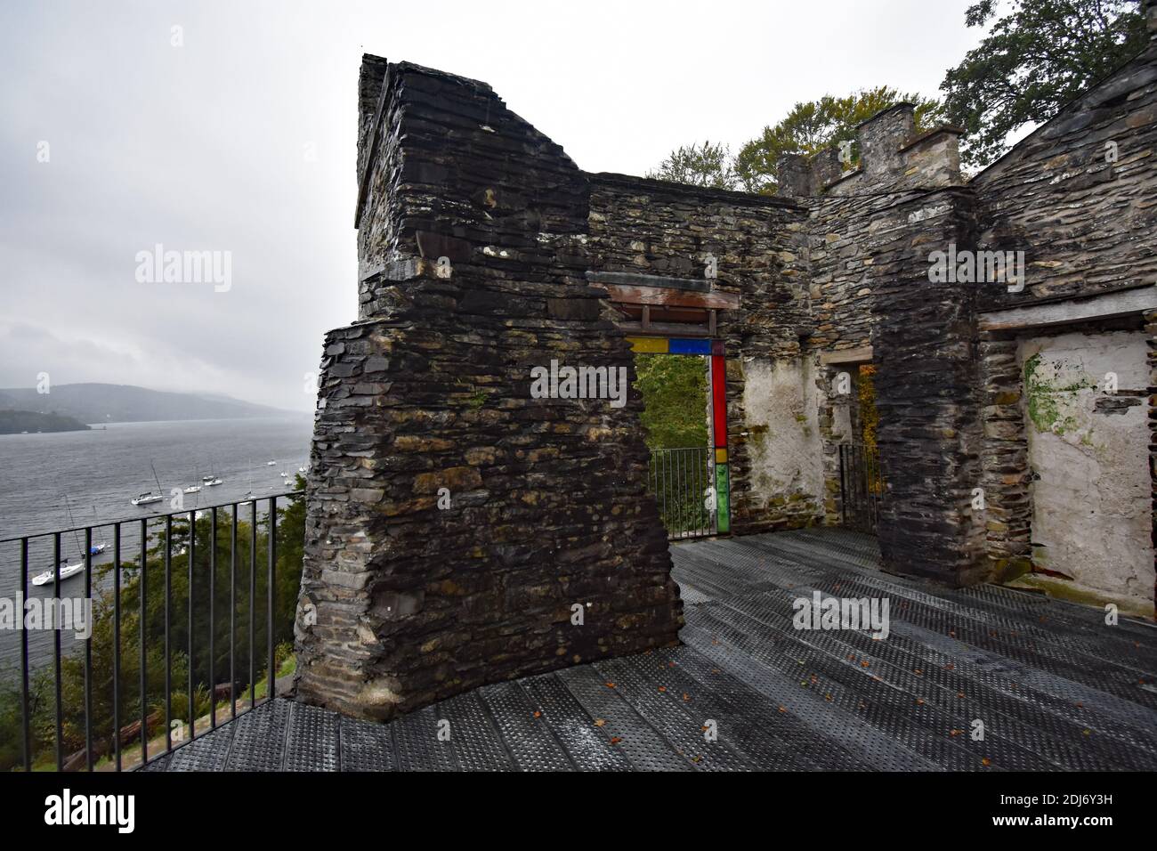 Claife Viewing Station with coloured stained glass and stone walls on ...
