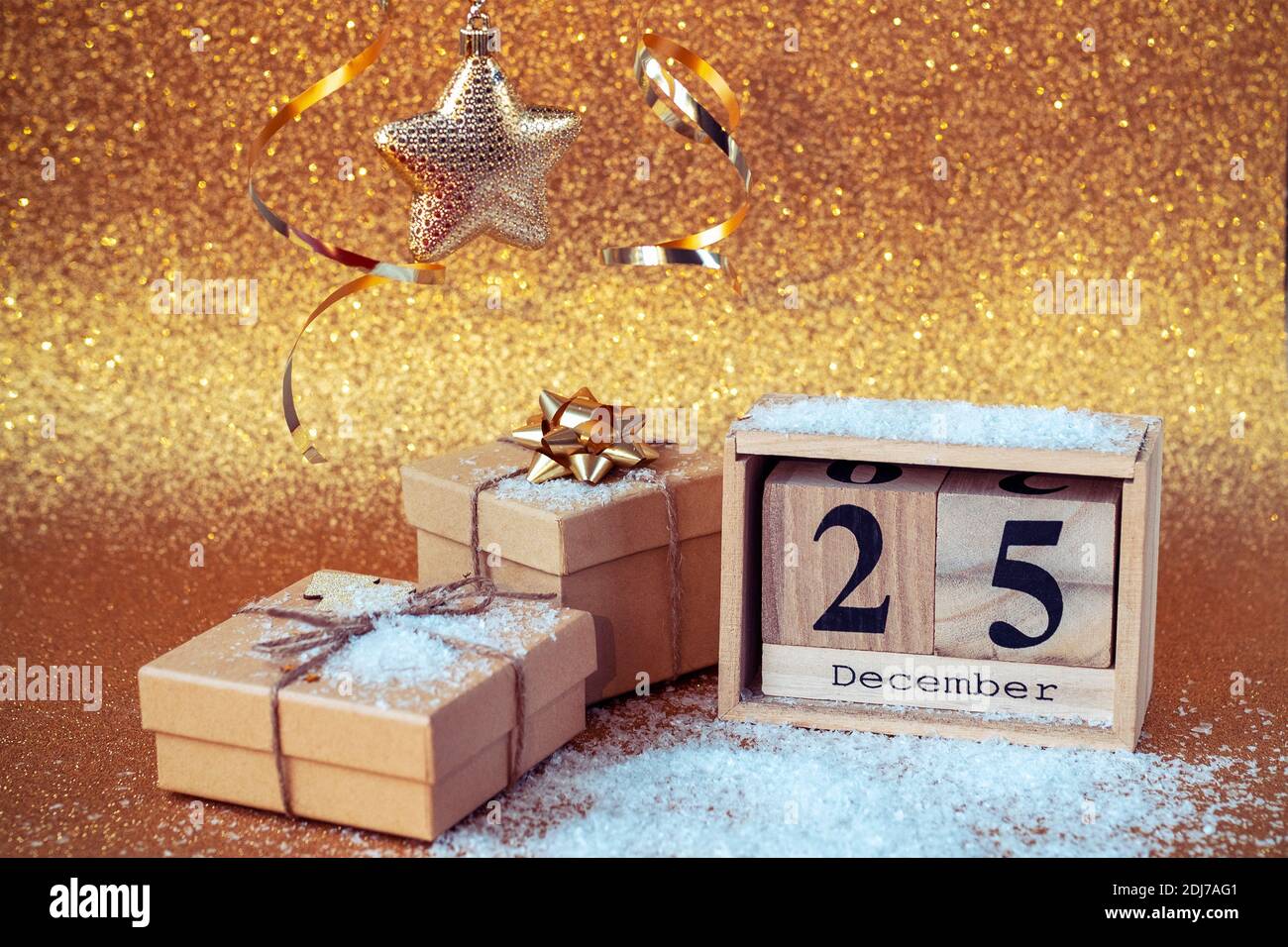 Wooden block calendar with 25 december date, Christmas decorations and ...