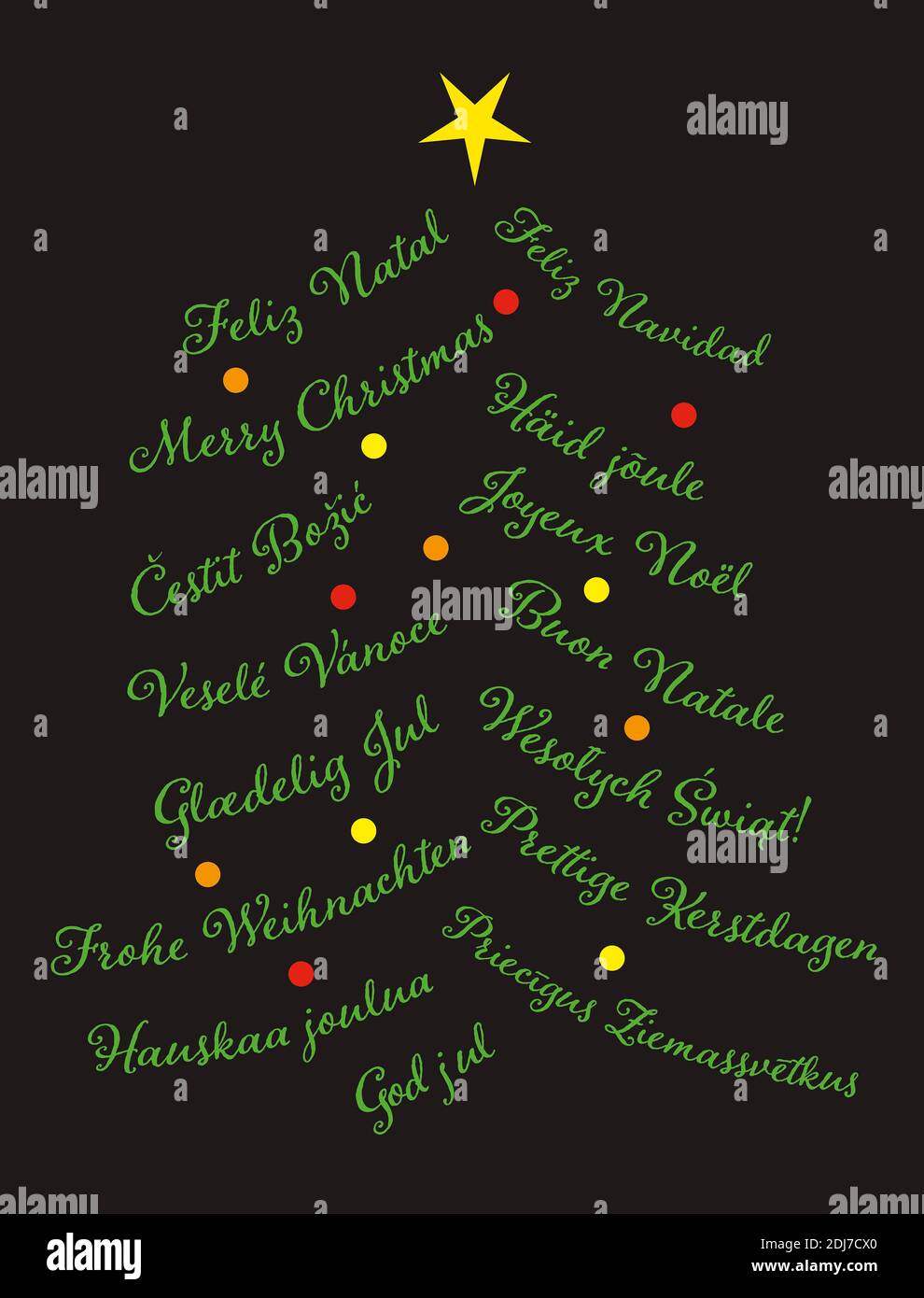 Merry Christmas word in many different languages as a green tree with ...