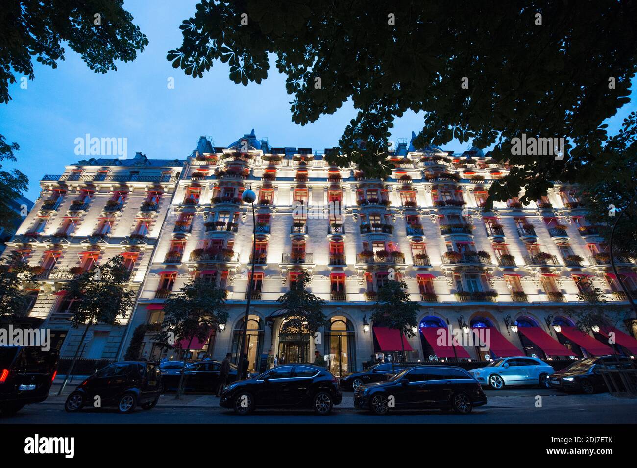 Twilight view of Plaza Athenee hotel in Paris, France on August 2, 2016 ...
