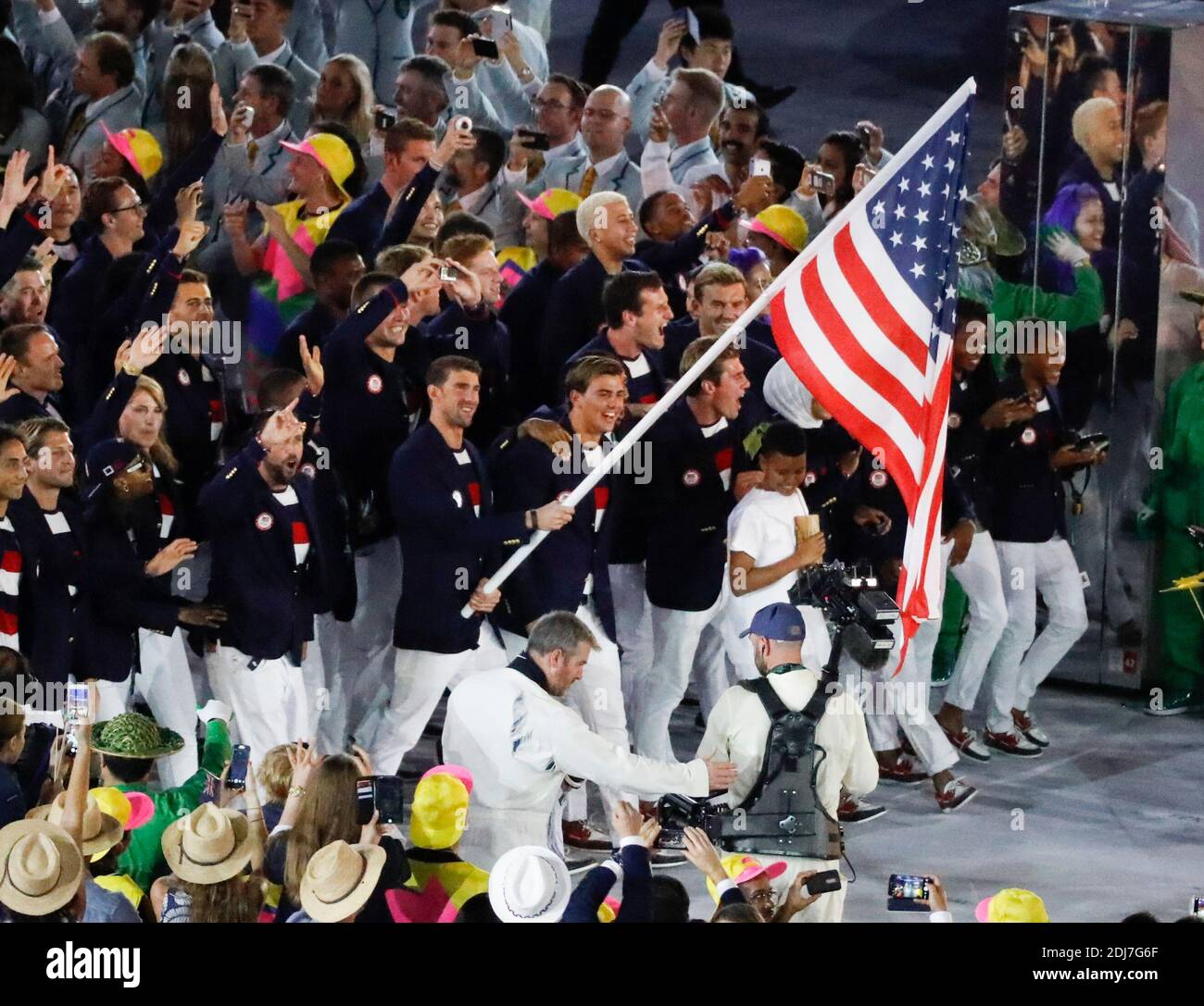 Michael Phelps, flag bearer for USA during the Opening Ceremony of the ...
