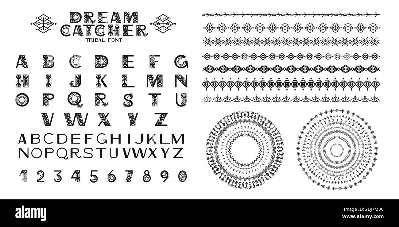 Tribal Alphabet and ornaments. Letters and symbols in geometric ethnic ...