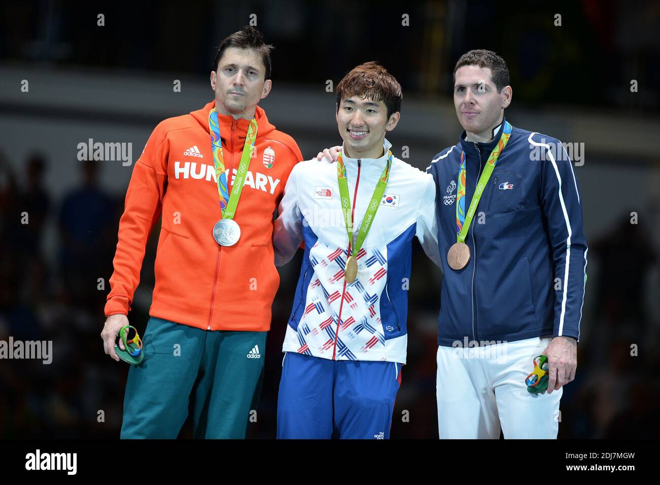 Silver medal Geza Imre, gold medal Sangyoung Park and bronze medal ...