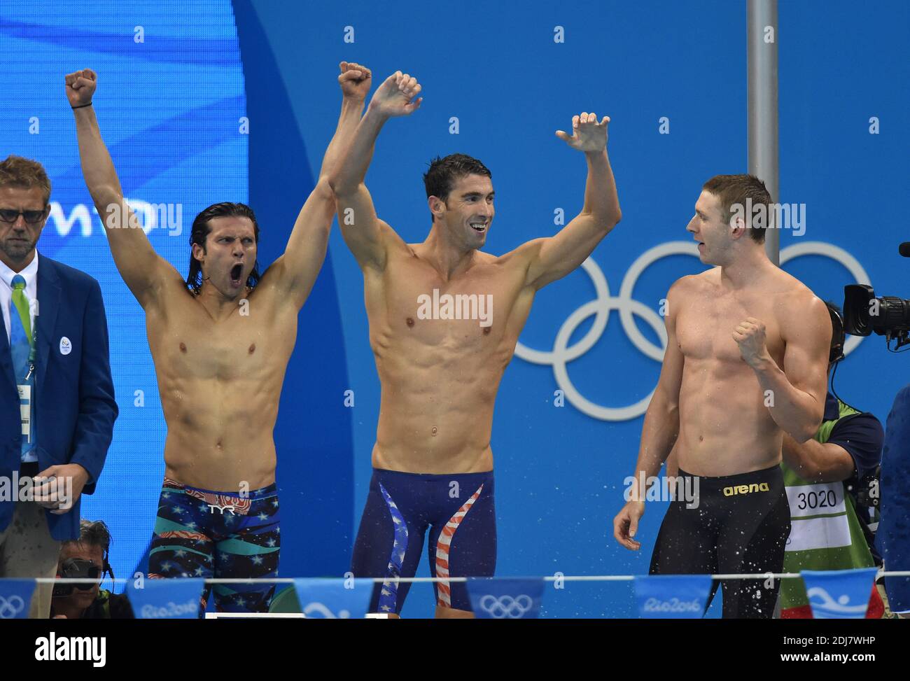 USA's Ryan Murphy, Michael Phelps, Cody Miller celebrate after the Men ...