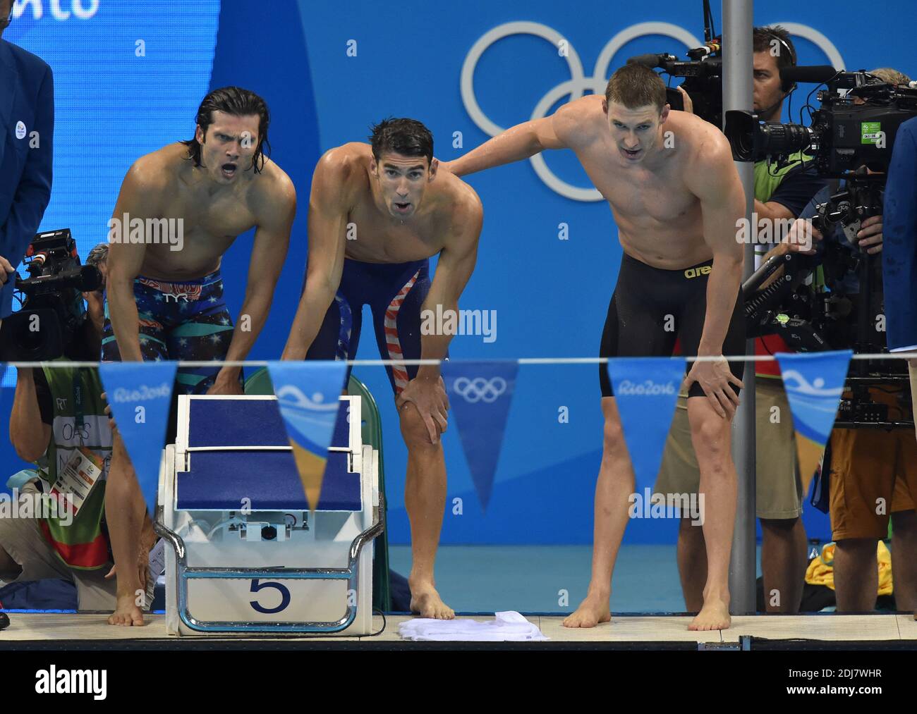 USA's Ryan Murphy, Michael Phelps, Cody Miller celebrate after the Men ...