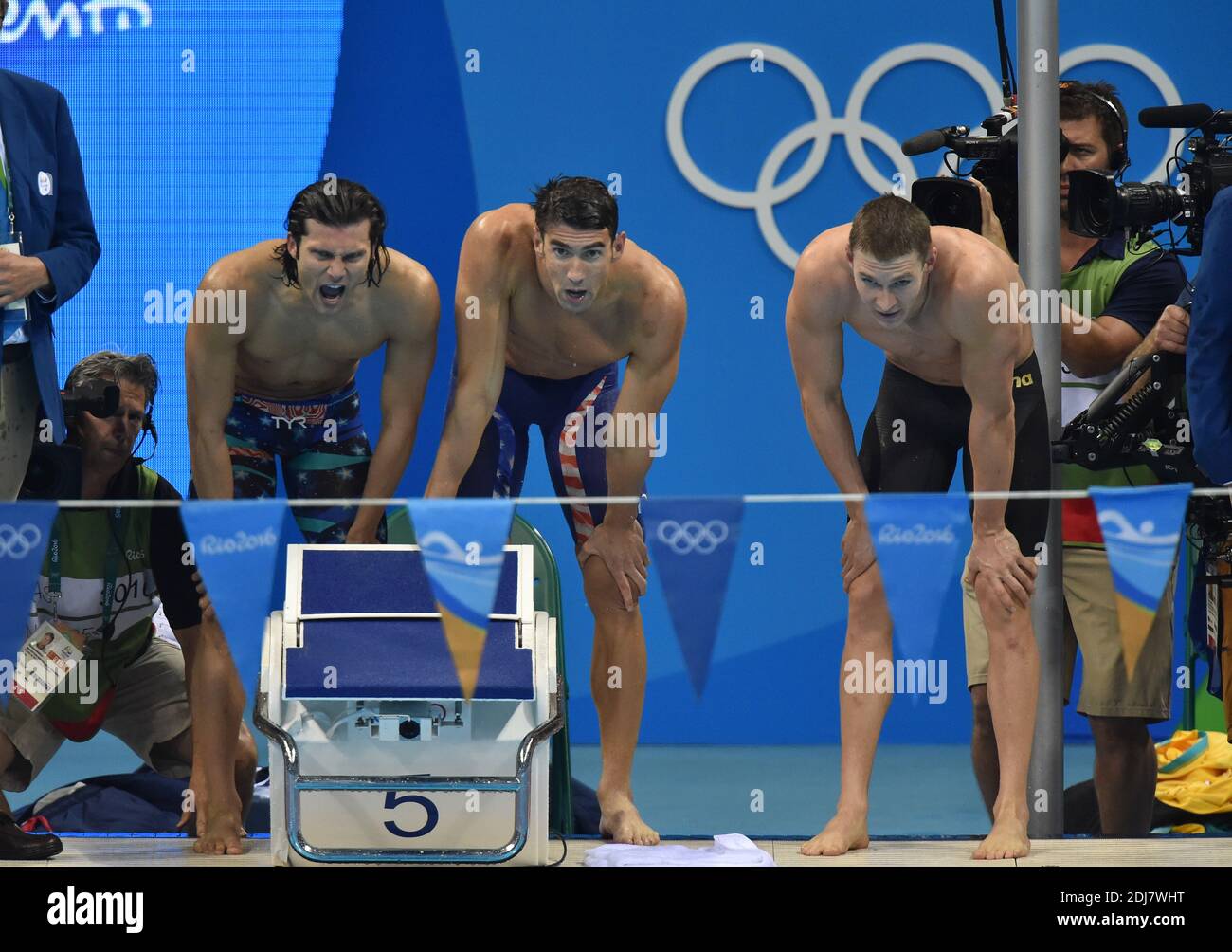 USA's Ryan Murphy, Michael Phelps, Cody Miller celebrate after the Men ...