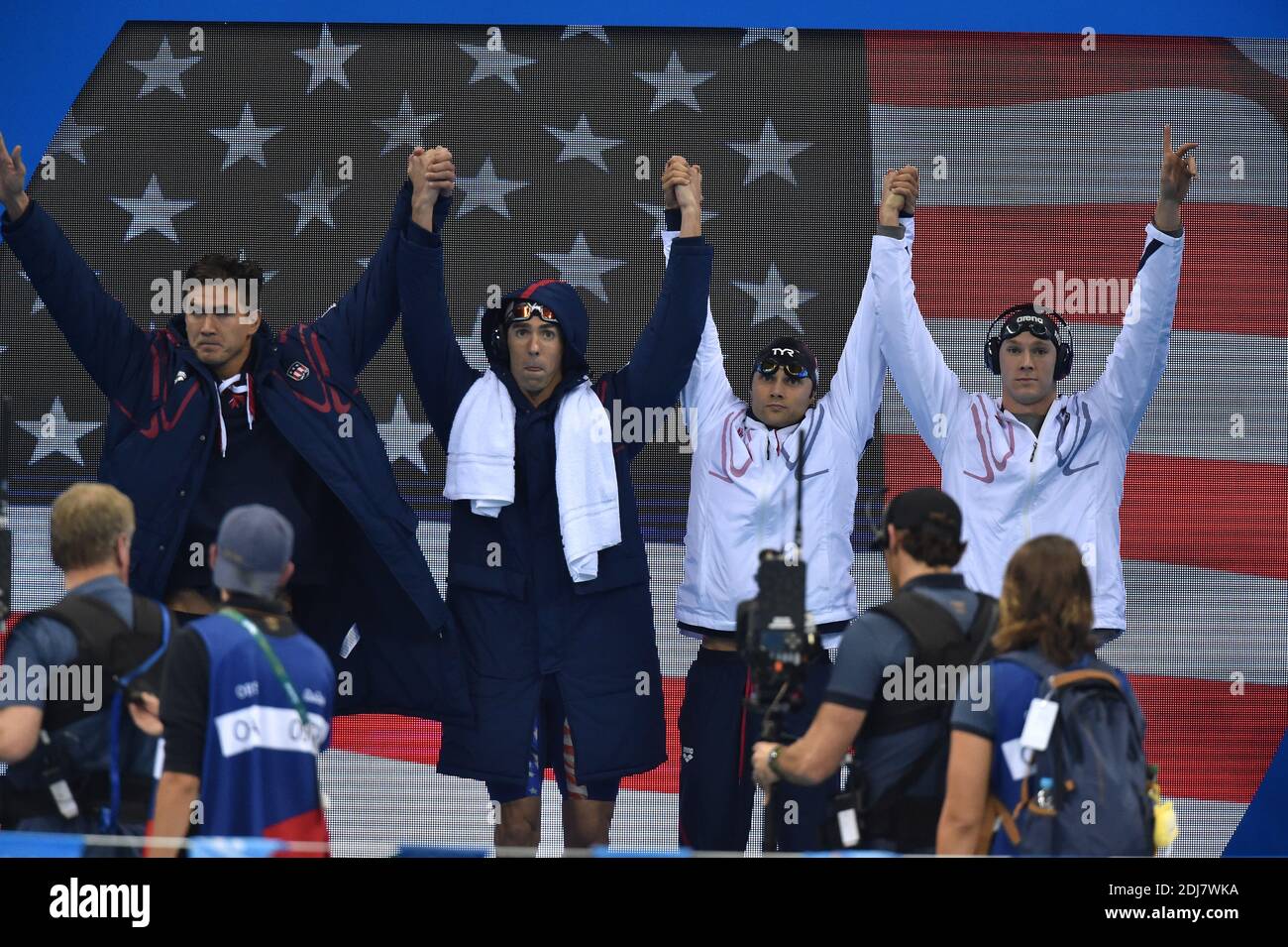 USA's gold medallist team Ryan Murphy, Cody Miller, Michael Phelps ...