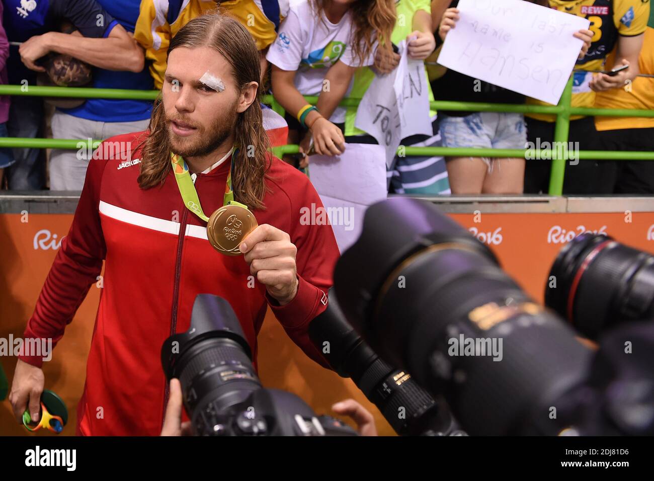 Mikkel Hansen of Denmark celebrates defeating France 28-26 to win the ...