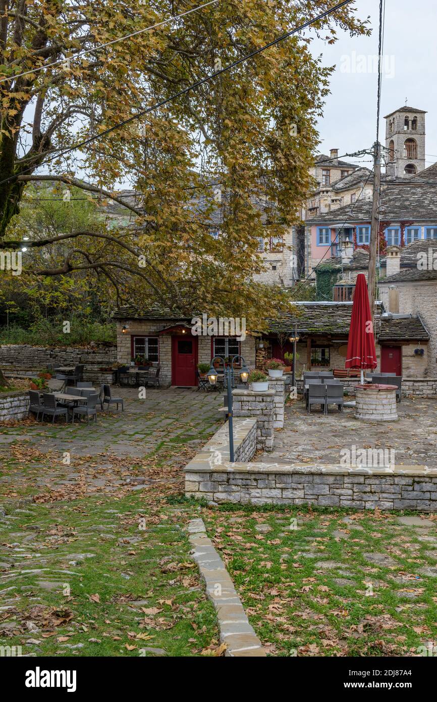 The picturesque village of Dilofo during fall season with its ...