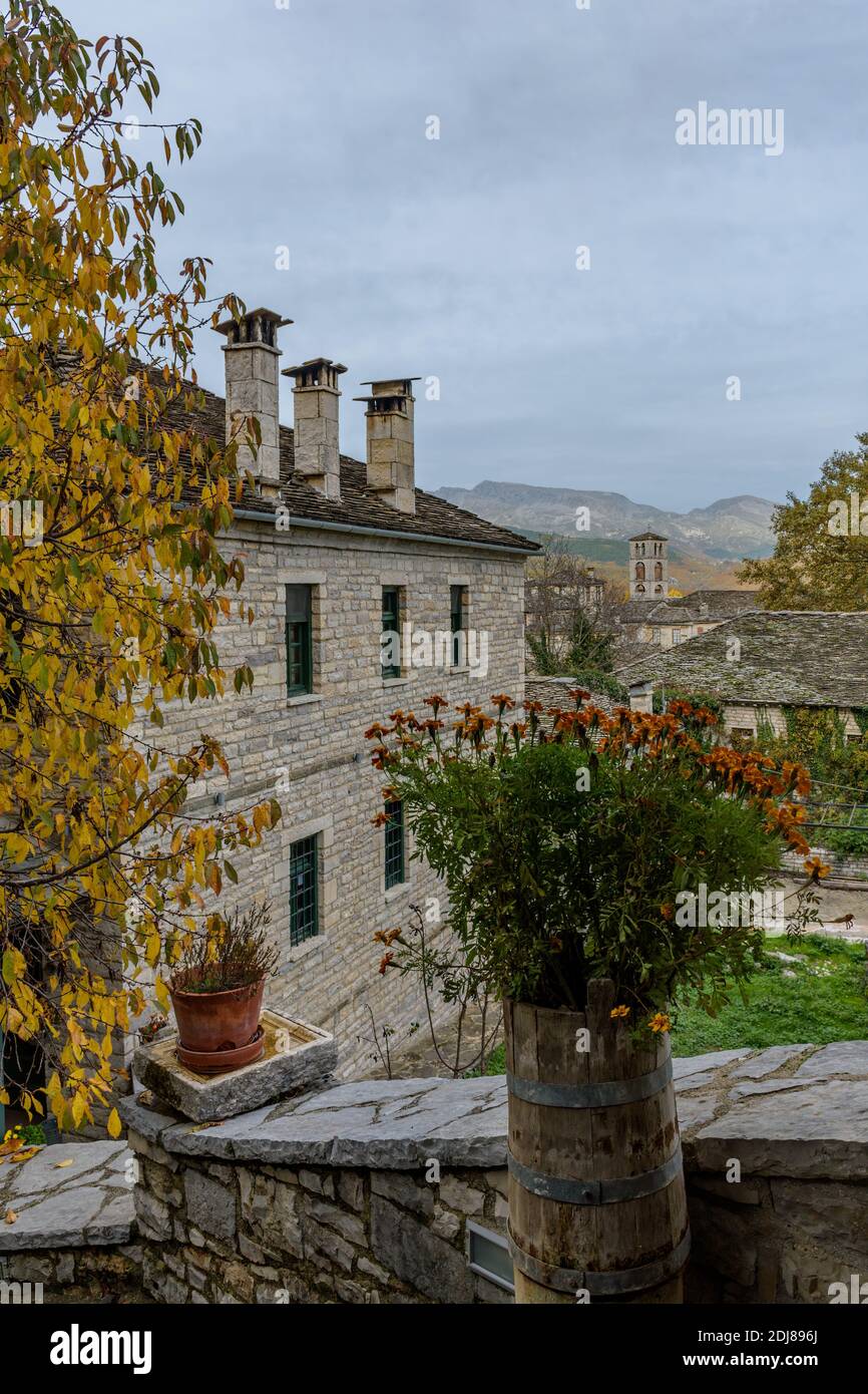The picturesque village of Dilofo during fall season with its ...