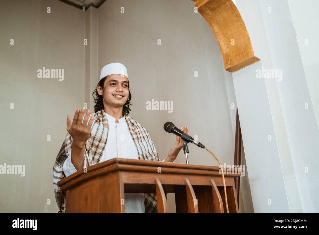 Portrait of muslim male preacher speech sharing about islam during ...