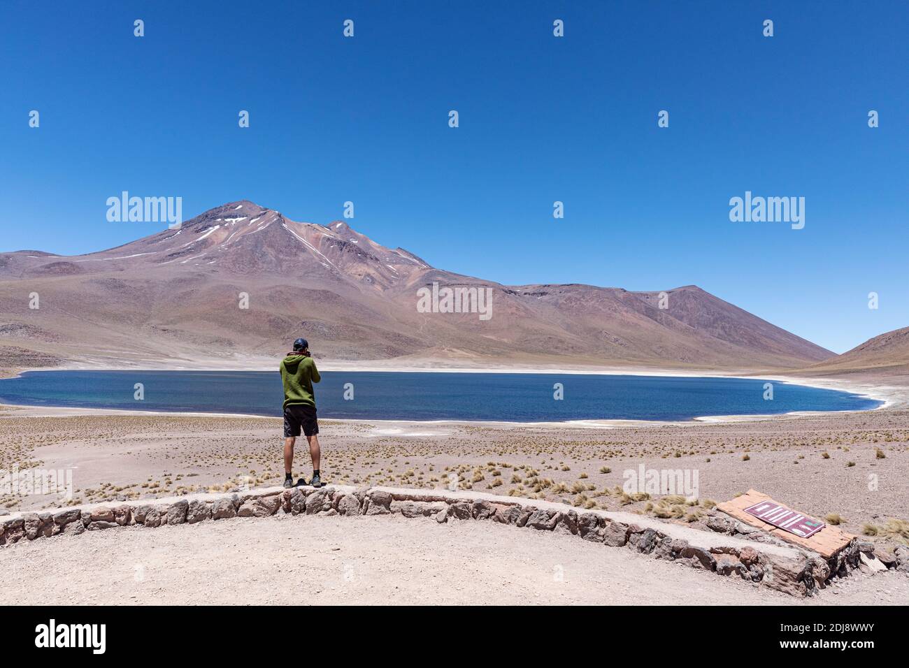 Laguna Miñiques, a brackish lake at an altitude of 4,120 meters in the ...