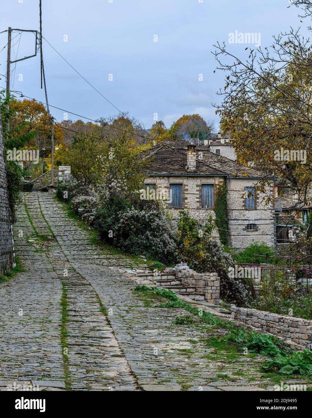 The picturesque village of Dilofo during fall season with its ...