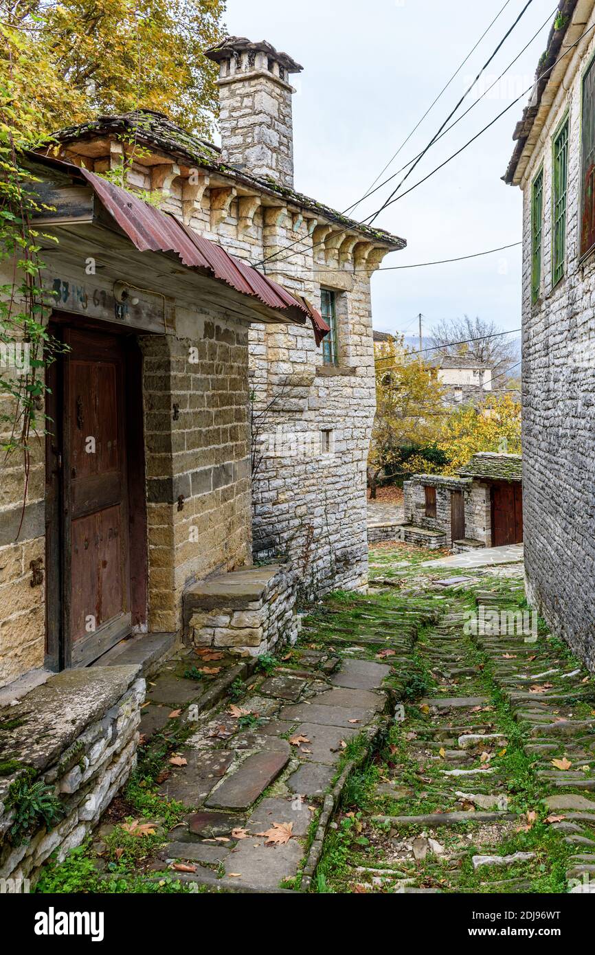 The picturesque village of Dilofo during fall season with its ...