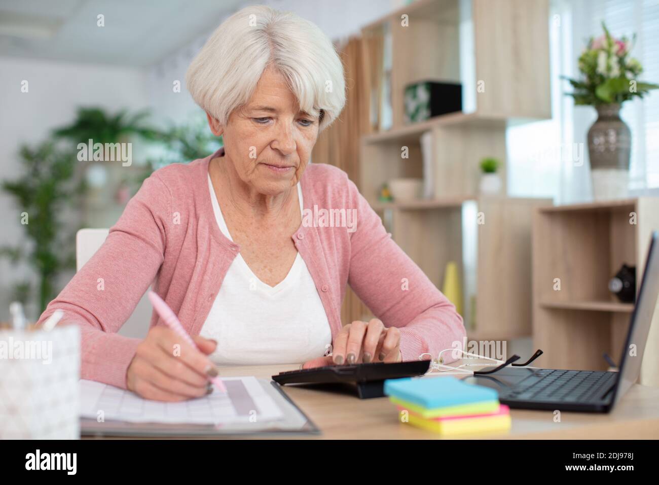 portrait of beautiful older woman working laptop computer indoors Stock ...