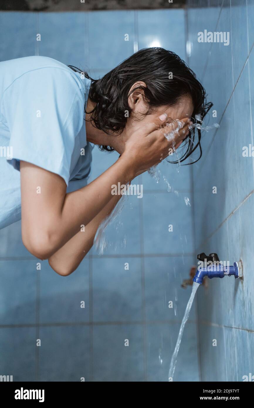 Man Muslim Perform Ablution Wudhu Washing Face Before Prayer Stock