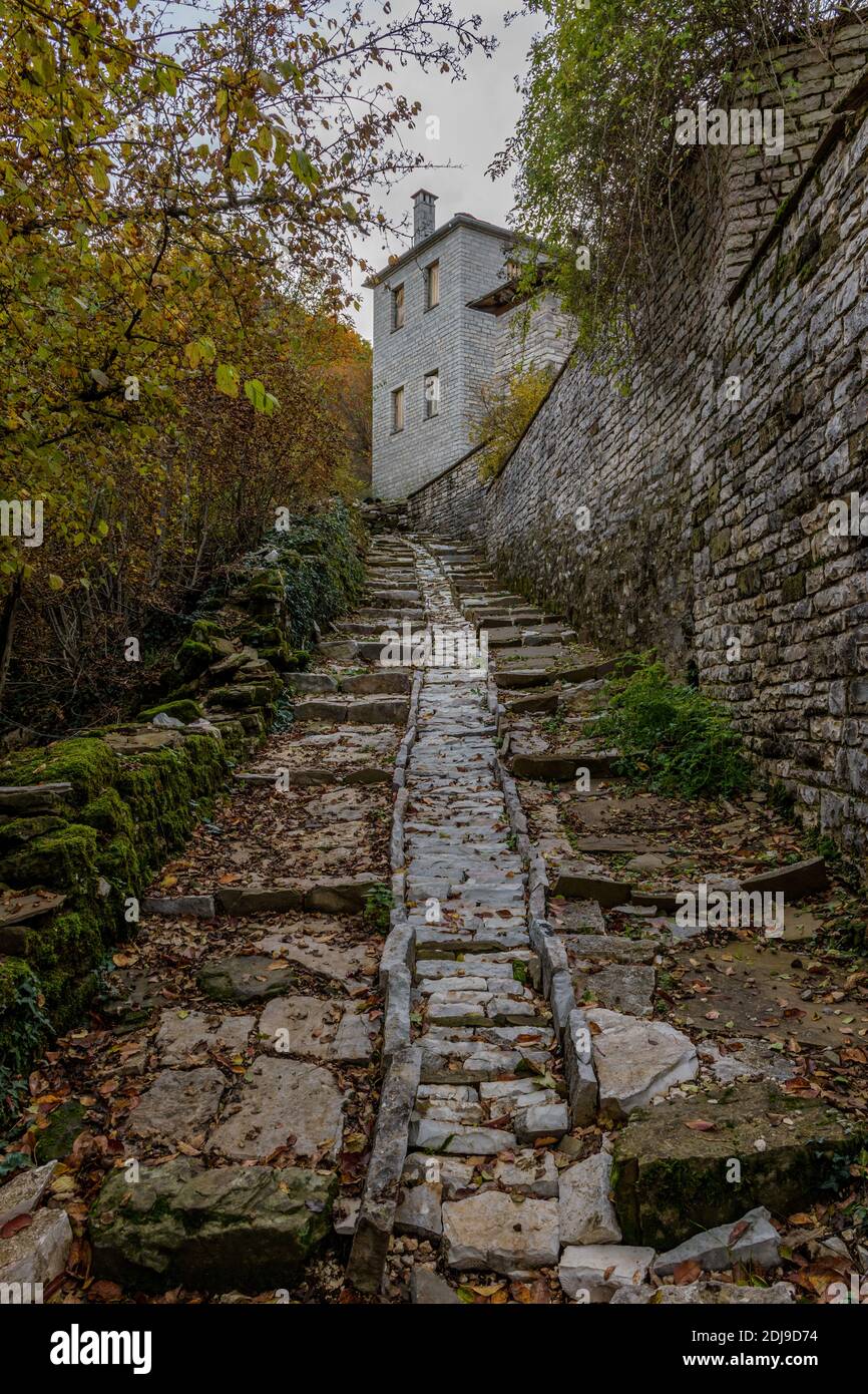 The picturesque village of Dilofo during fall season with its ...