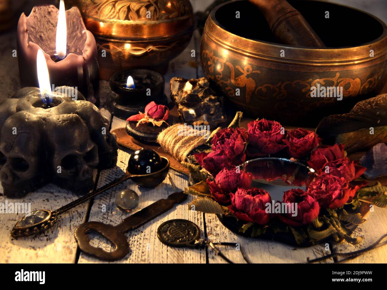 Magic ritual. Wicca, esoteric and occult background with vintage witch ...