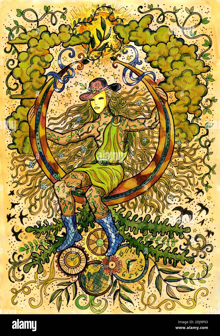 Fantasy creature, calendar month concept with magic mascot, watercolor ...