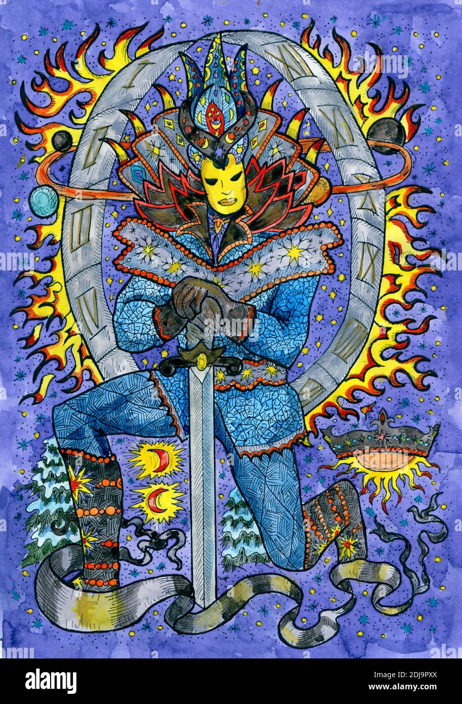 Fantasy creature, calendar month concept with magic mascot, watercolor ...