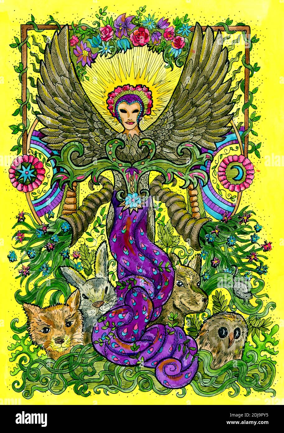 Fantasy creature, calendar month concept with magic mascot, watercolor ...