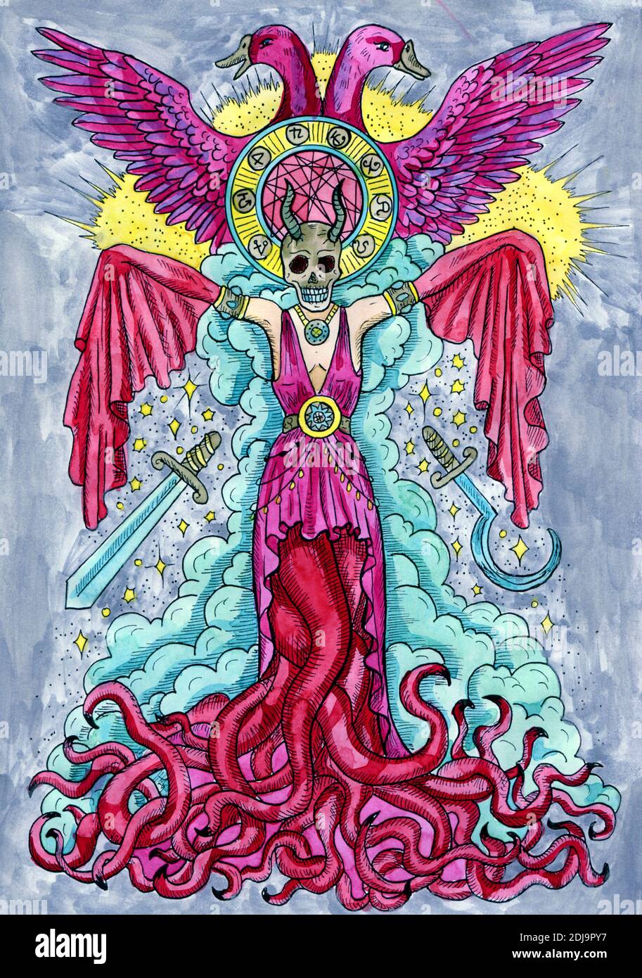 Fantasy creature, calendar month concept with magic mascot, watercolor ...