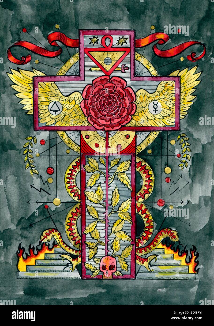 Occult and esoteric colorful illustration with magic symbols ...