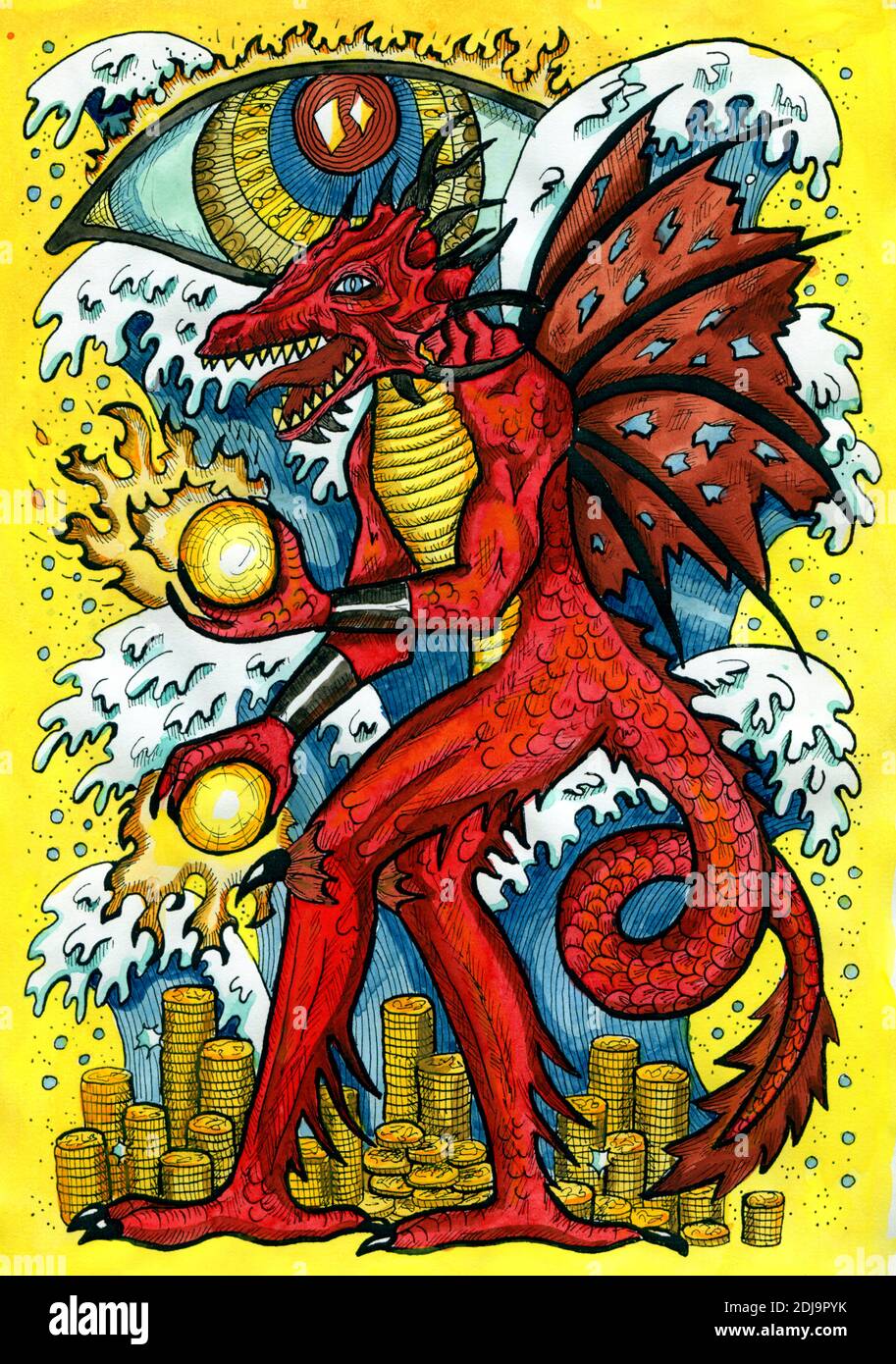 Dragon. Hand drawn fantasy graphic illustration. Occult mystic drawing ...