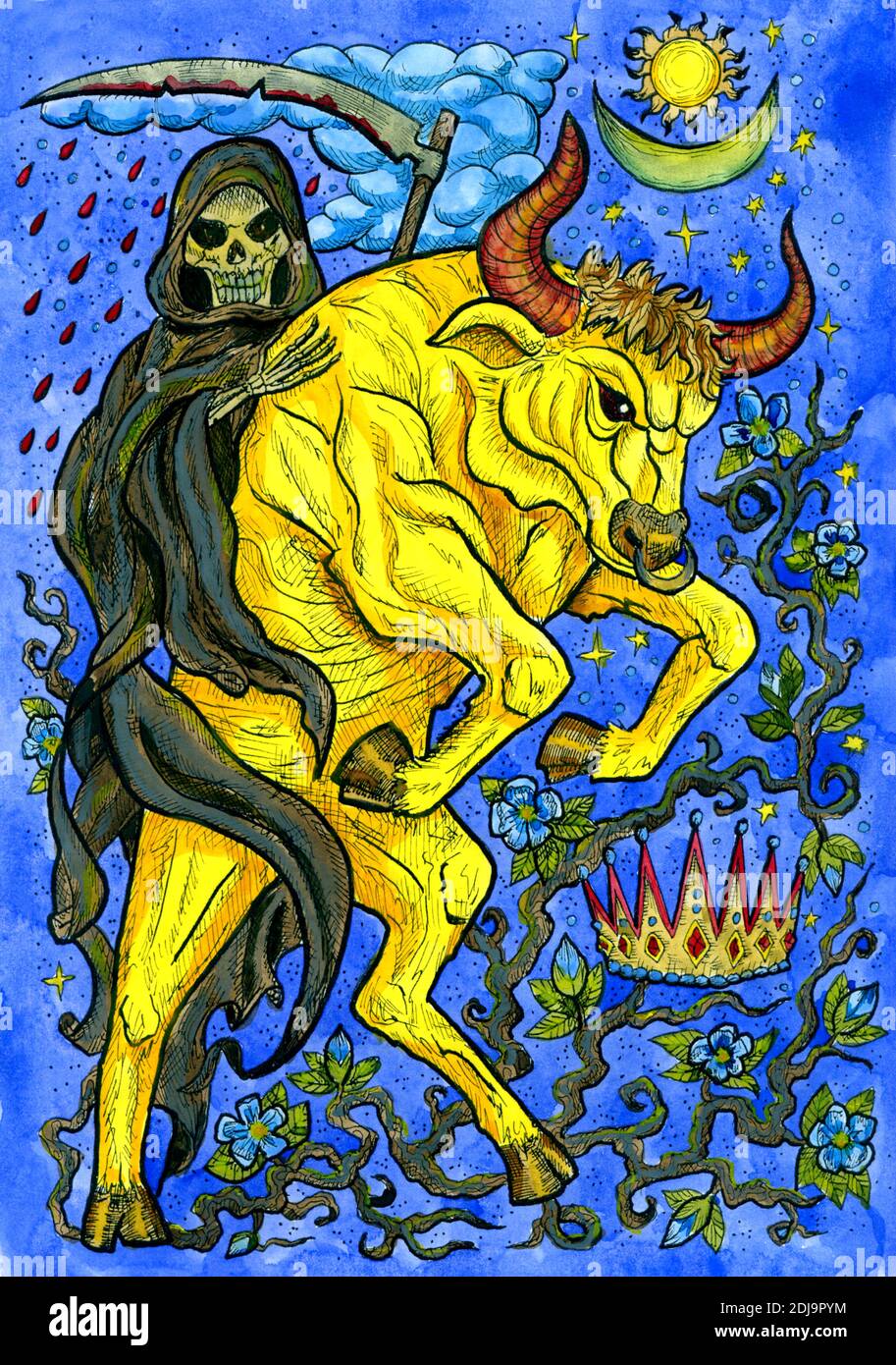 Bull. Hand drawn fantasy graphic illustration. Occult mystic drawing ...