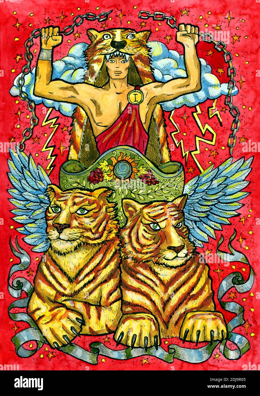 Tiger. Hand drawn fantasy graphic illustration. Occult mystic drawing ...