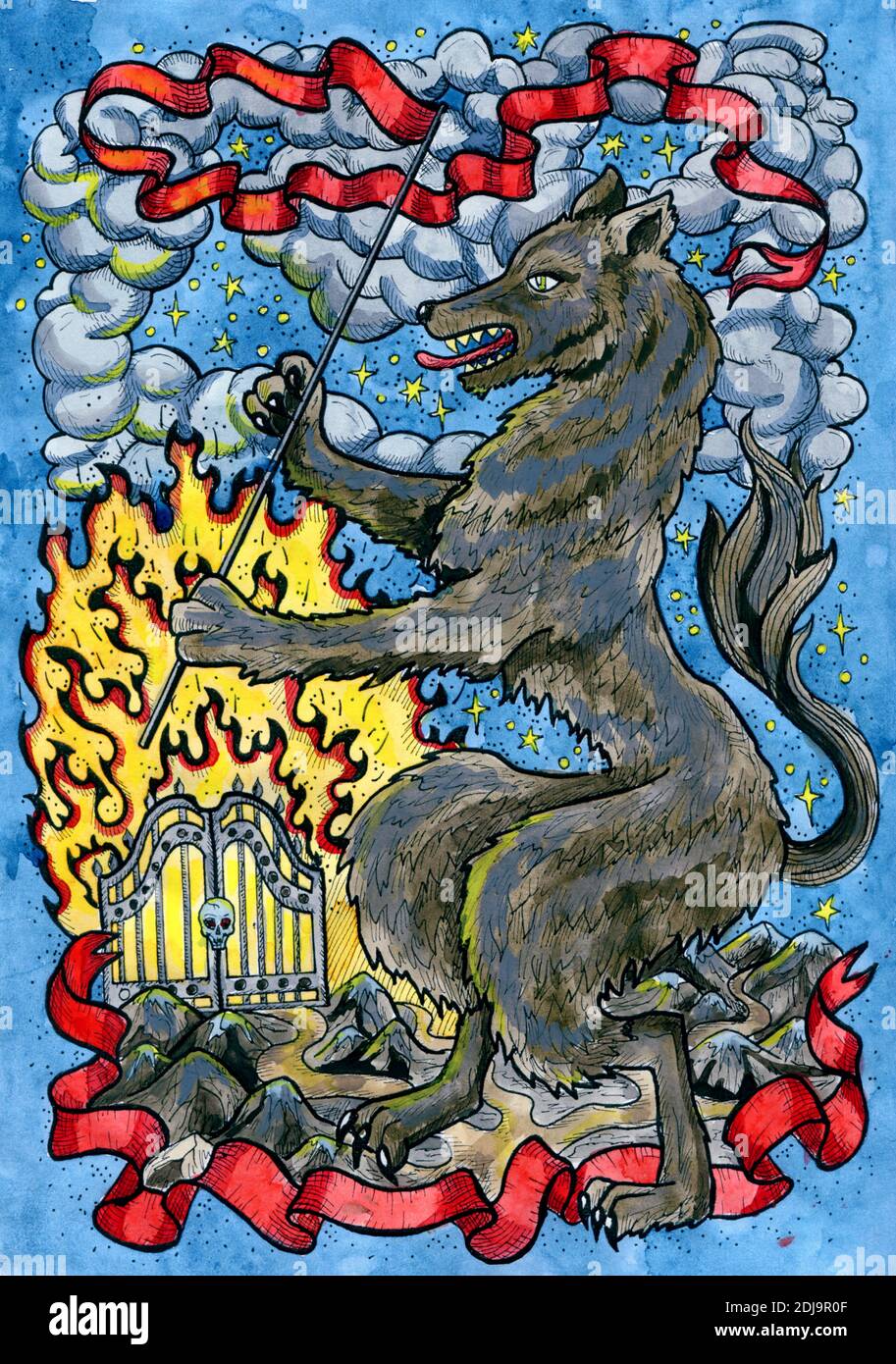 Dog. Hand drawn fantasy graphic illustration. Occult mystic drawing ...