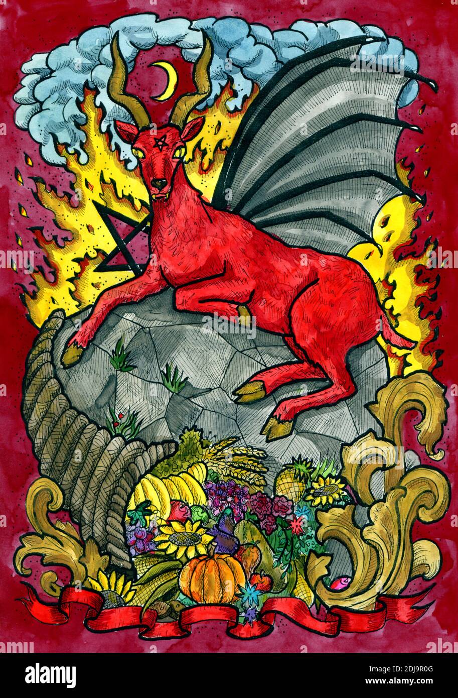 Goat. Hand drawn fantasy graphic illustration. Occult mystic drawing ...