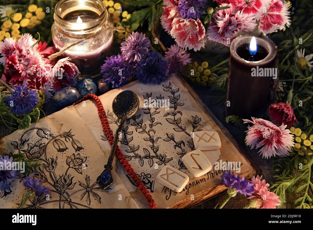 Occult, esoteric and divination still life. Halloween background with ...
