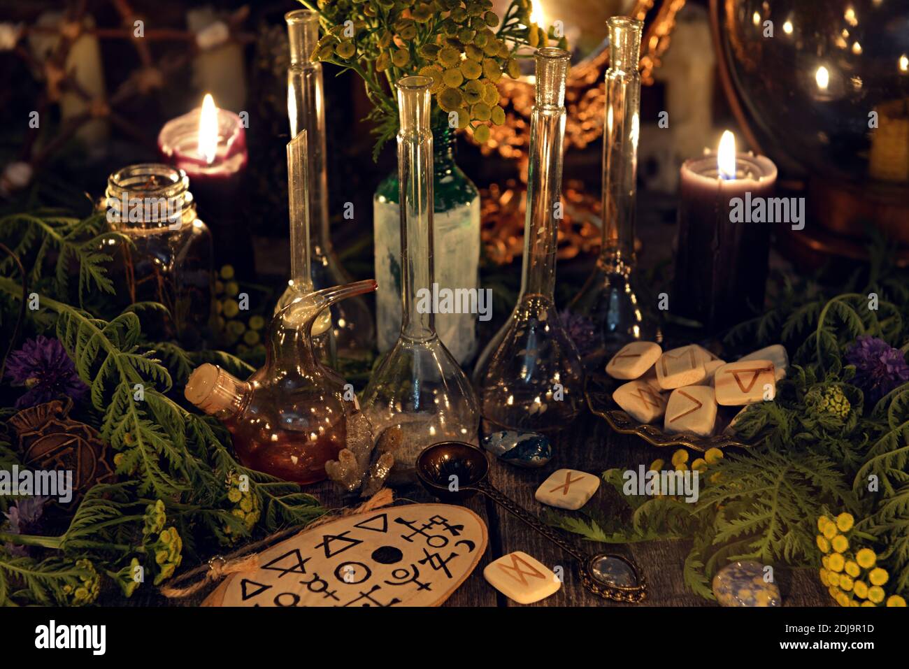 Occult, esoteric and divination still life. Halloween background with ...