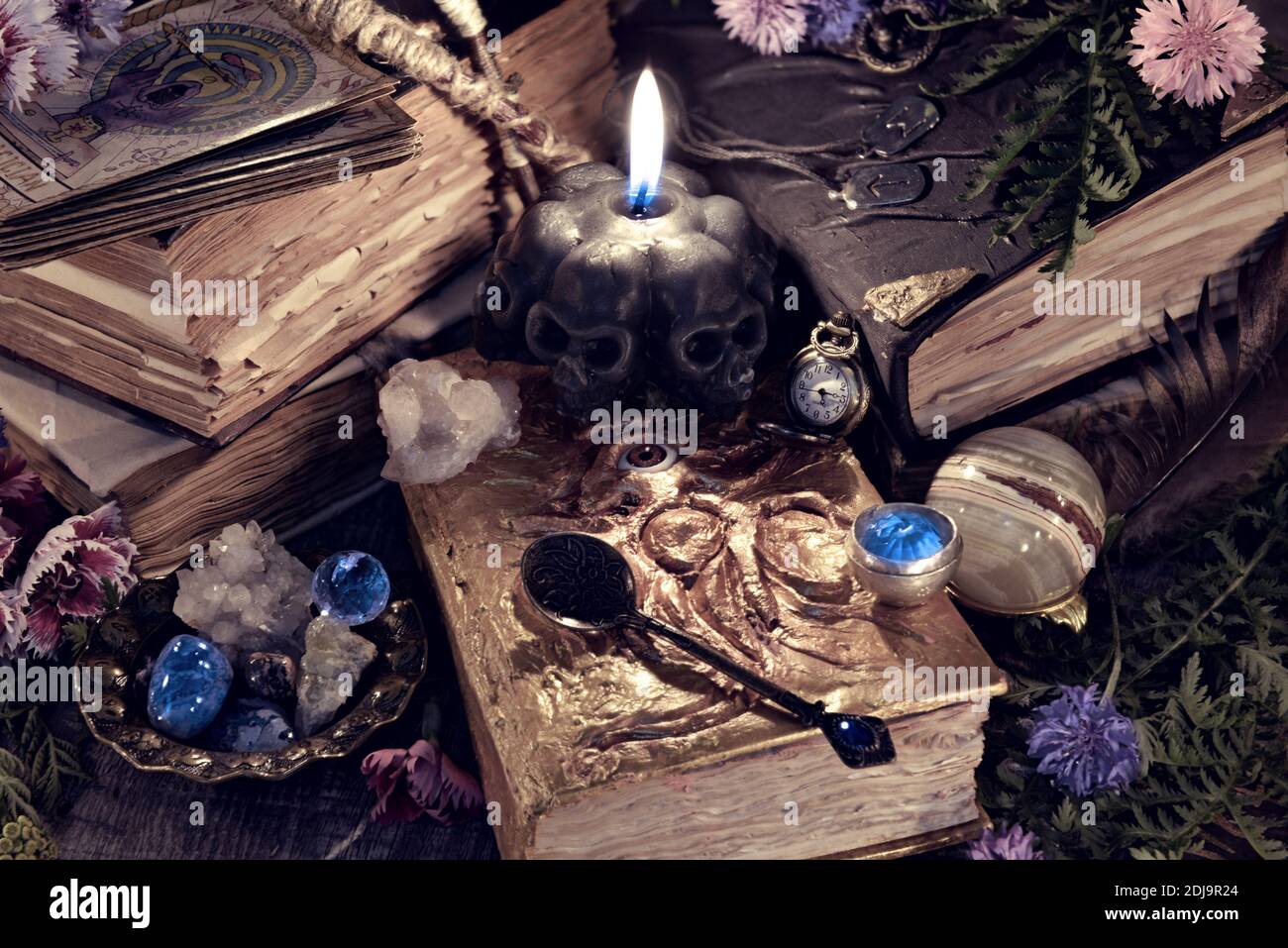 Occult, esoteric and divination still life. Halloween background with ...