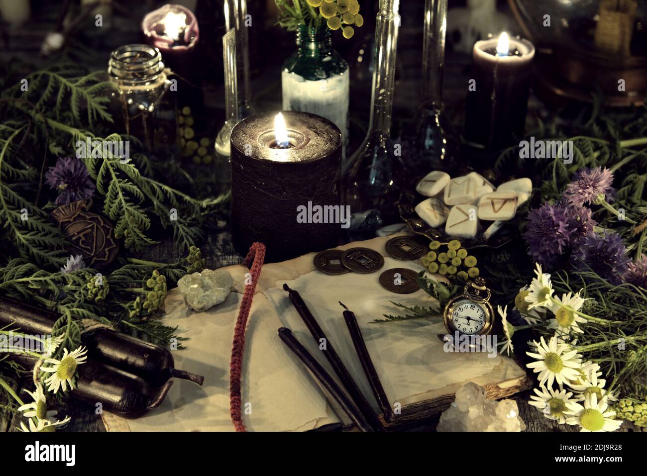 Occult, esoteric and divination still life. Halloween background with ...
