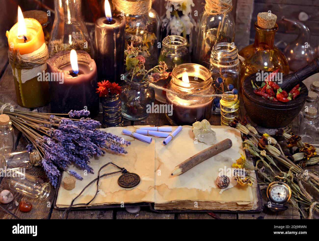 Magic ritual. Wicca, esoteric and occult background with vintage witch ...