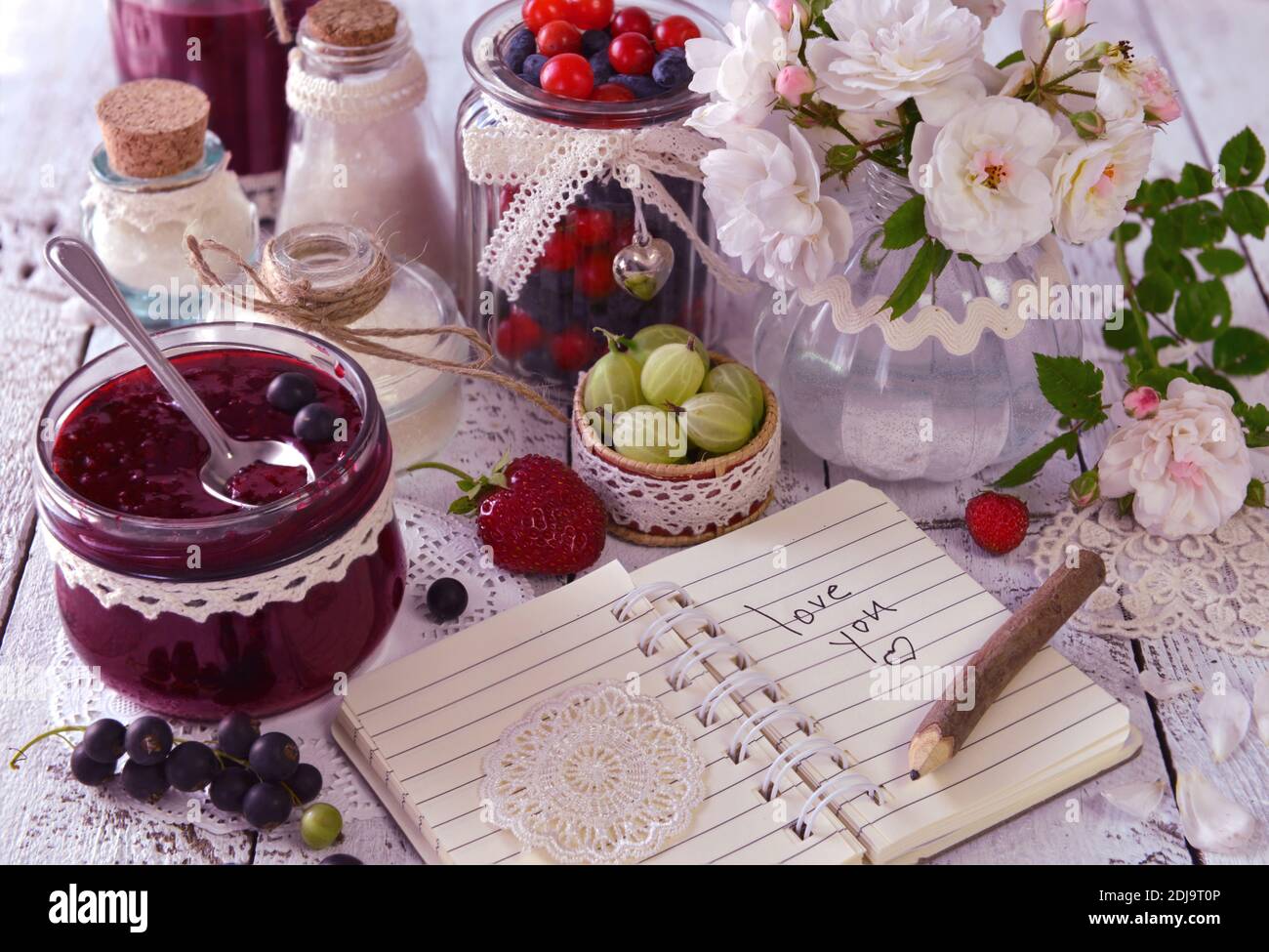 Making fruit jam concept. Fresh berry on wooden table, summer still ...