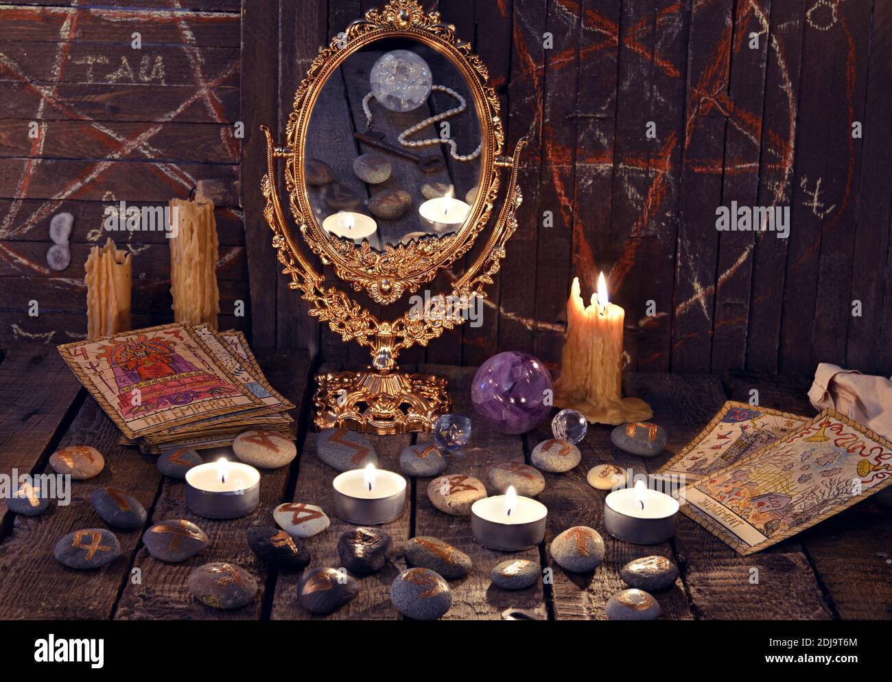Occult, esoteric and divination still life. Halloween background with ...