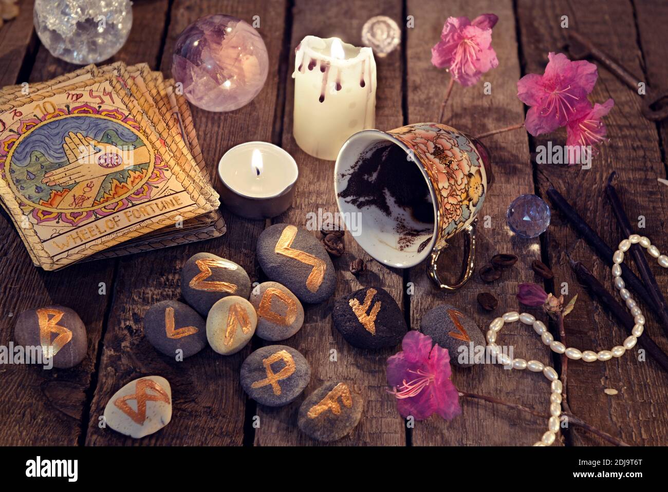 Occult, esoteric and divination still life. Halloween background with ...