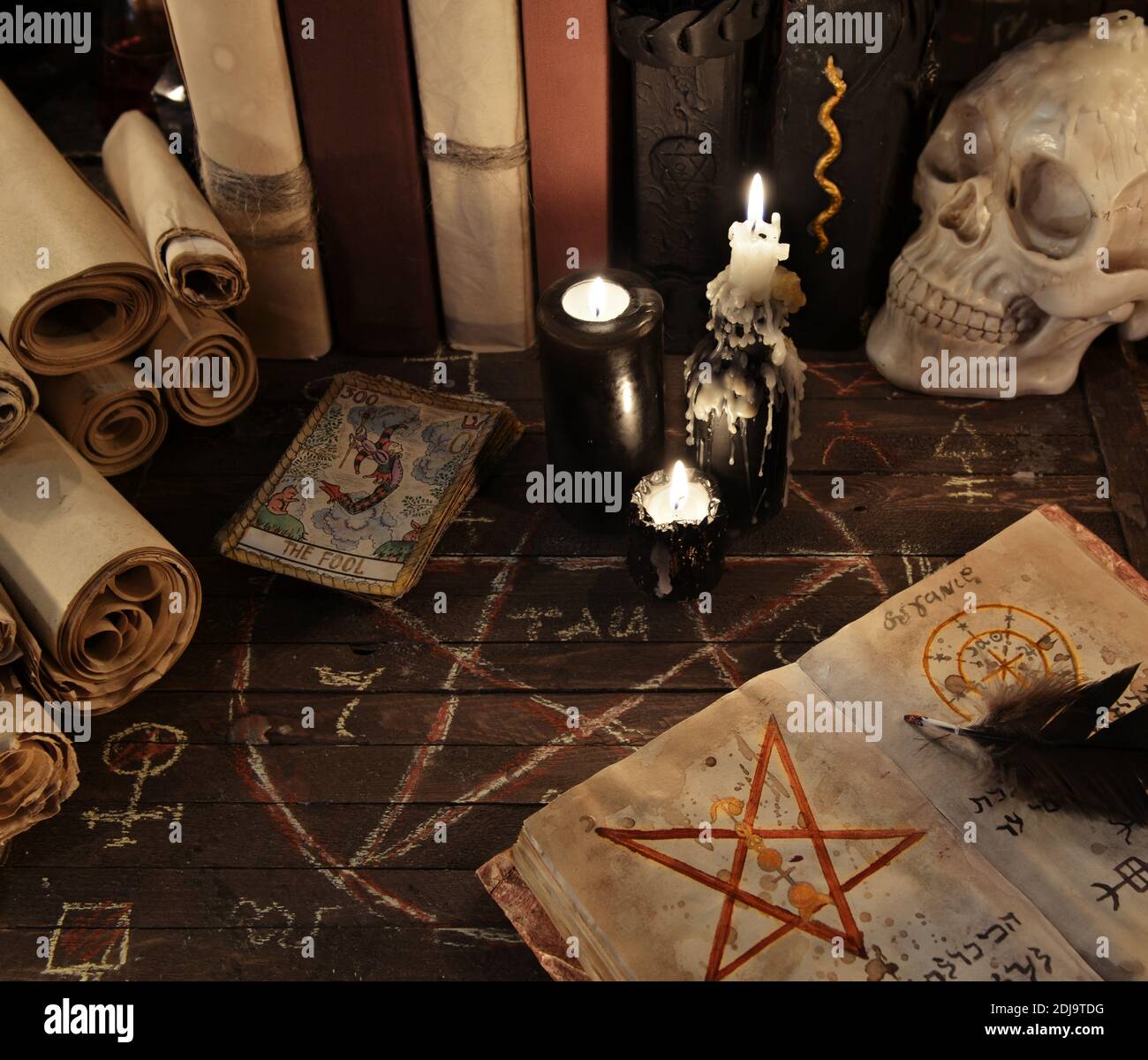 Wicca, esoteric and occult background with vintage magic objects for ...