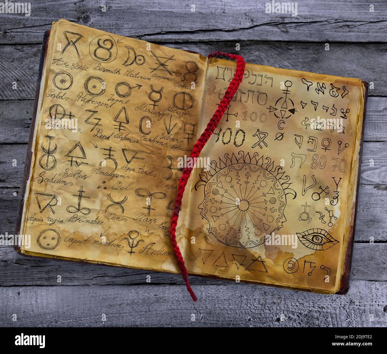 Old witch book with alchemic symbols, open book with magic spells ...