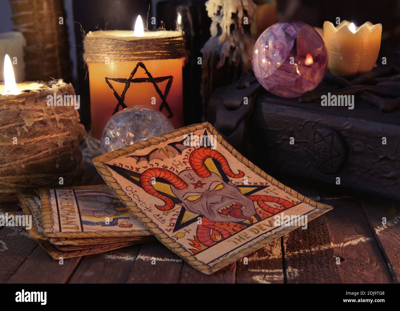 Occult, esoteric, divination and wicca concept with old tarot cards ...