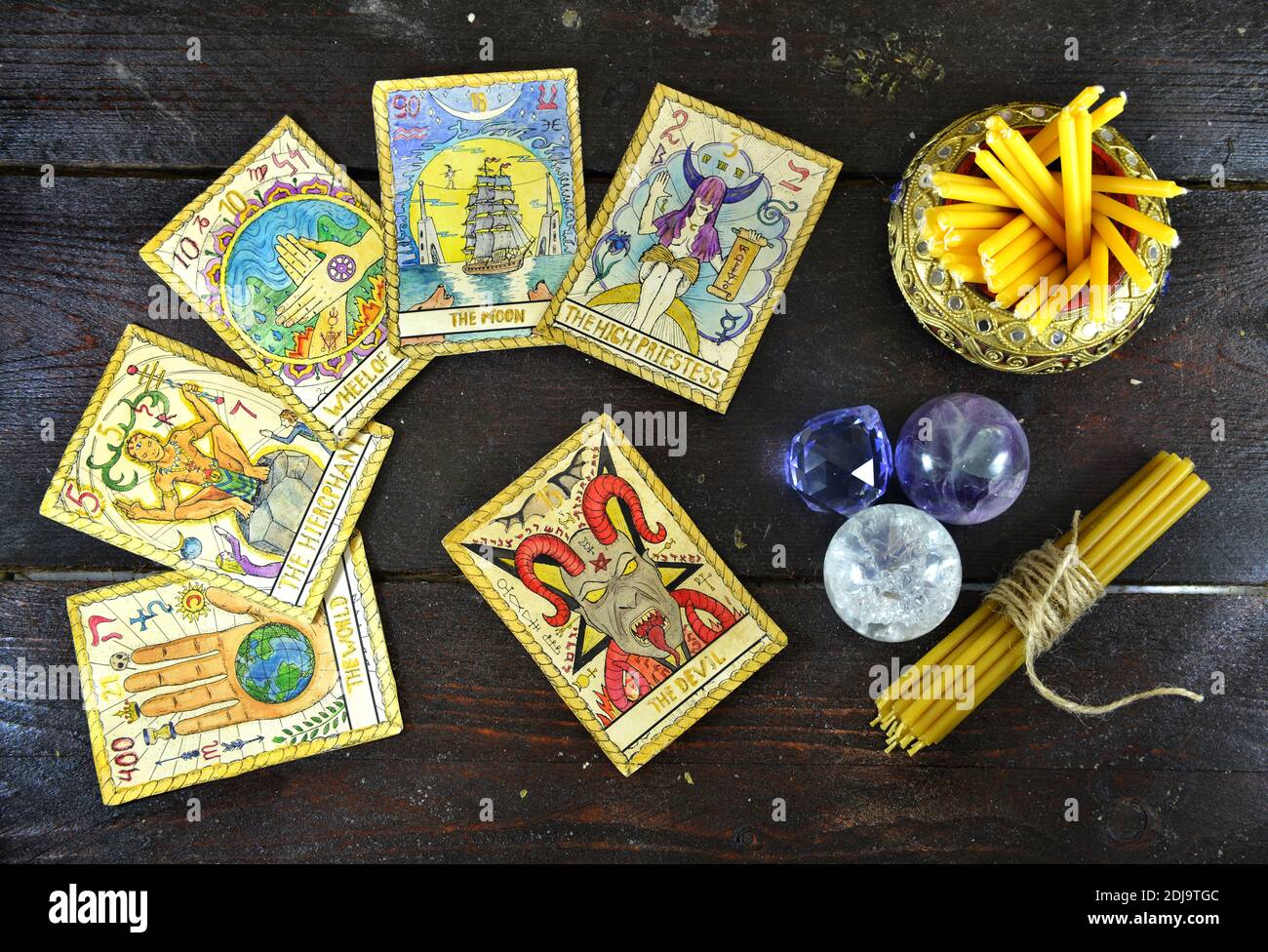 Occult, esoteric, divination and wicca concept with old tarot cards ...