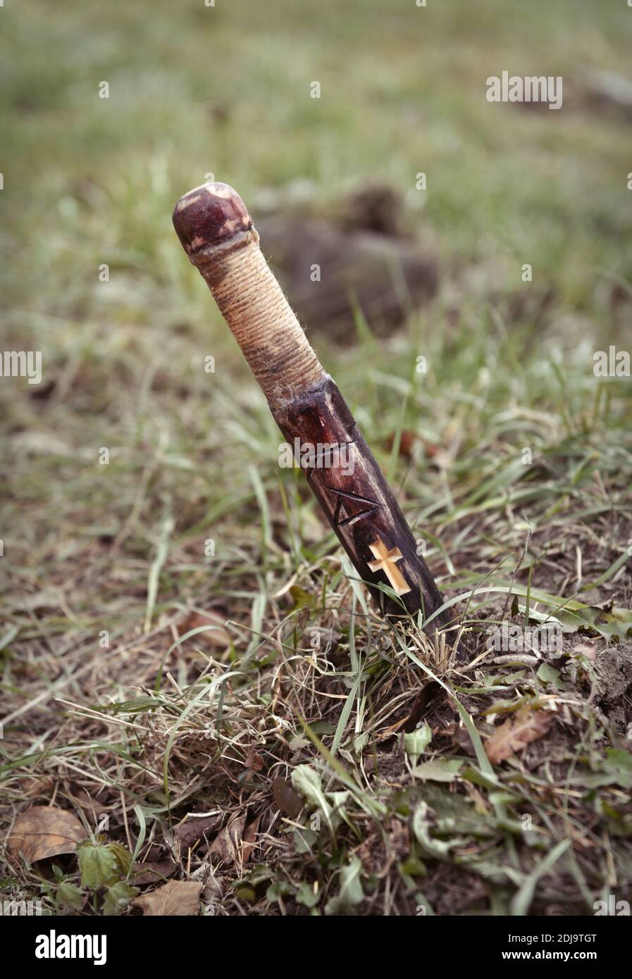 Mystical concept with voodoo objects, book and straw doll, esoteric ...