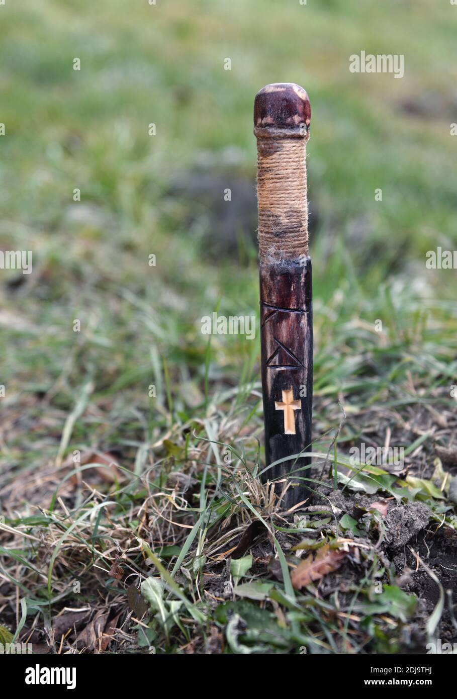 Mystical concept with voodoo objects, book and straw doll, esoteric ...