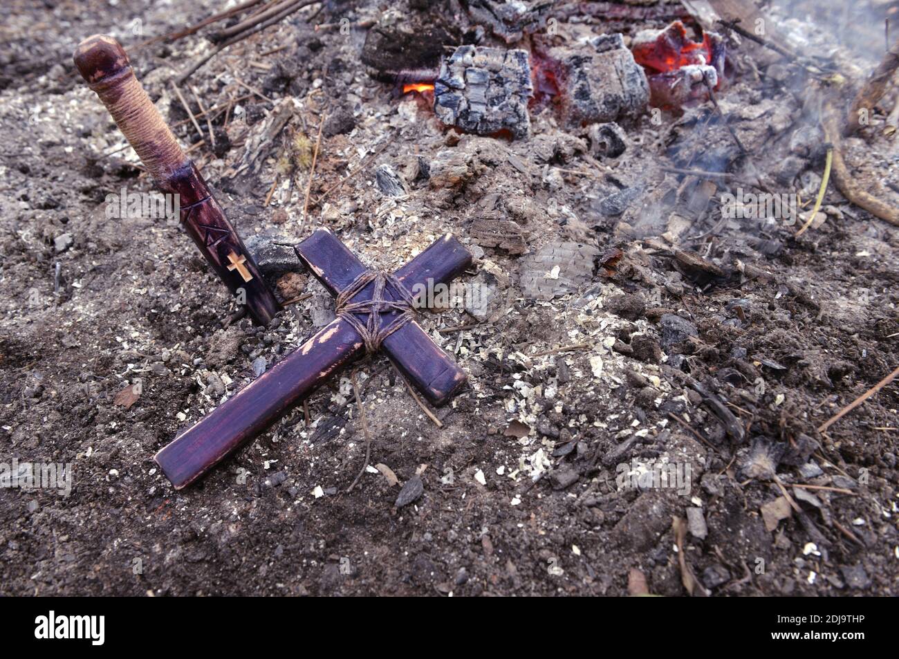 Mystical concept with voodoo objects, book and straw doll, esoteric ...