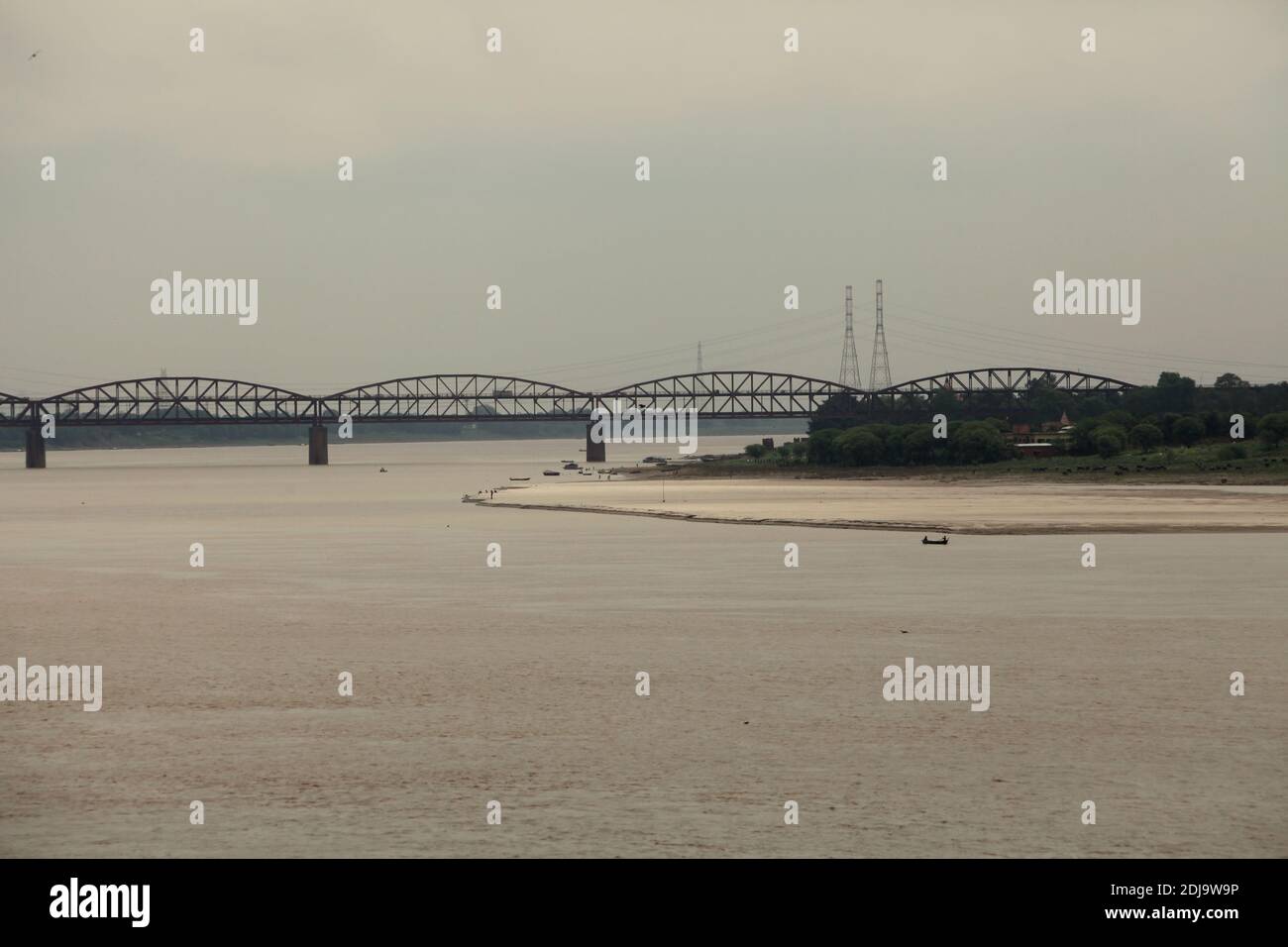 A bridge over river Ganges seen from a hotel balcony in Varanasi, Uttar ...
