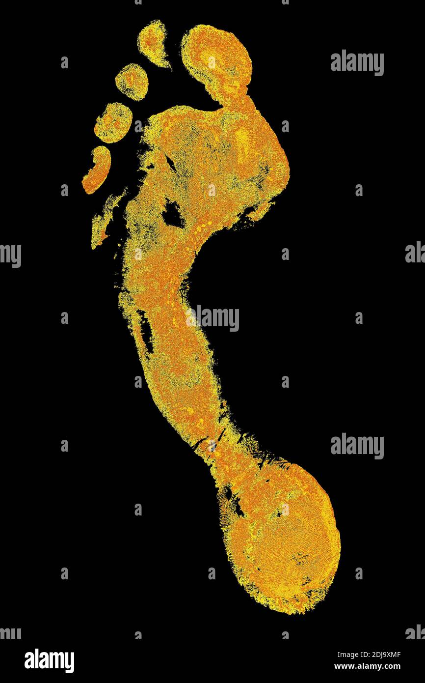 Golden human barefoot footprint on black background isolated close up ...