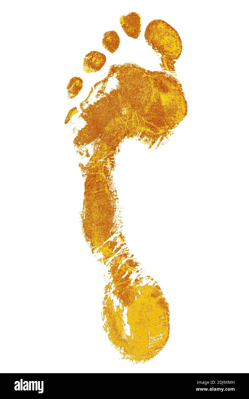 Golden human barefoot footprint on white background isolated close up ...